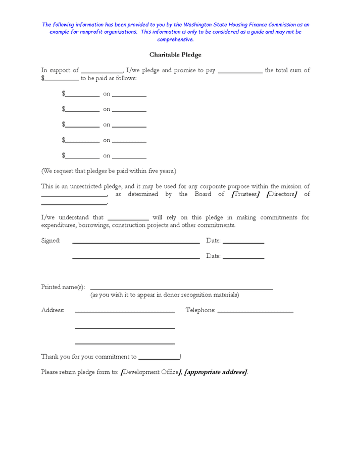 Charitable pledge form in Word and Pdf formats