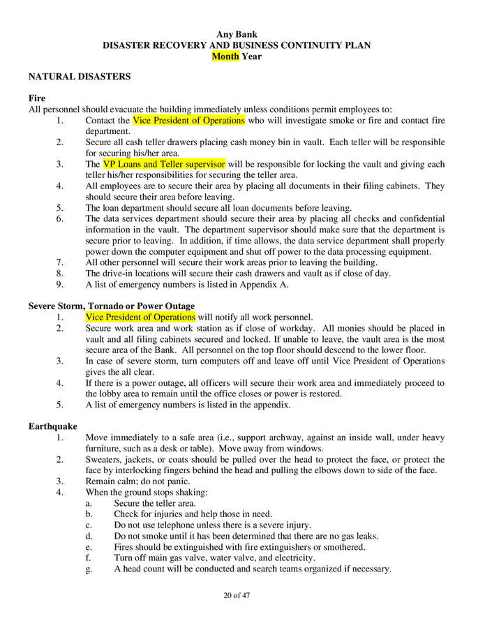 Bank disaster recovery and continuity plan template in Word and Pdf ...