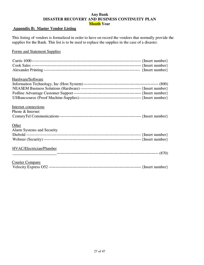 Bank disaster recovery and continuity plan template in Word and Pdf ...