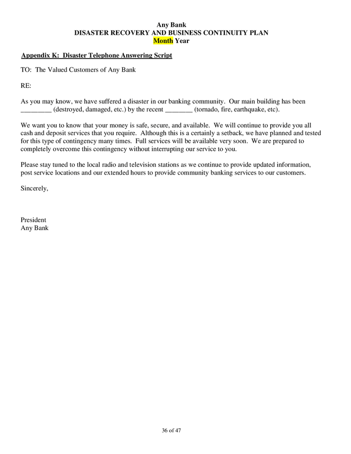 Bank disaster recovery and continuity plan template in Word and Pdf ...