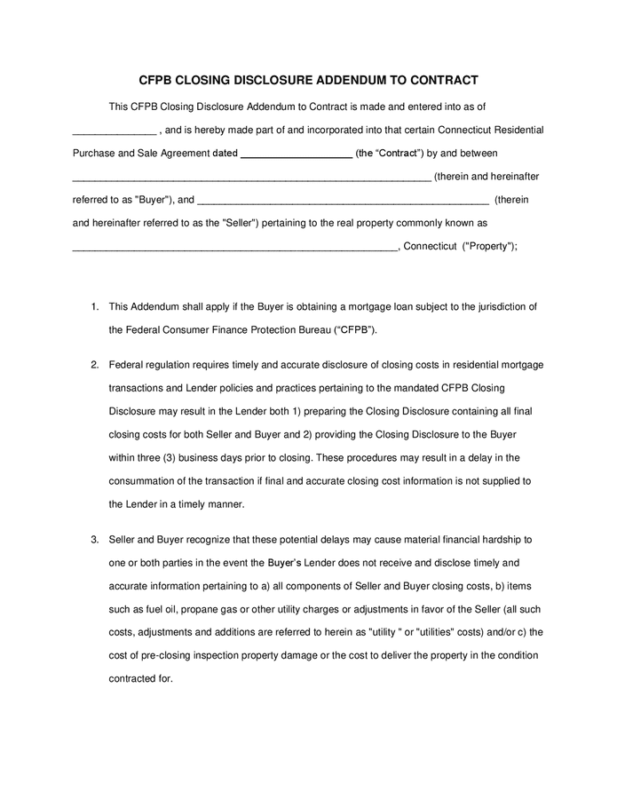 CFPB closing disclosure addendum to contract in Word and Pdf formats
