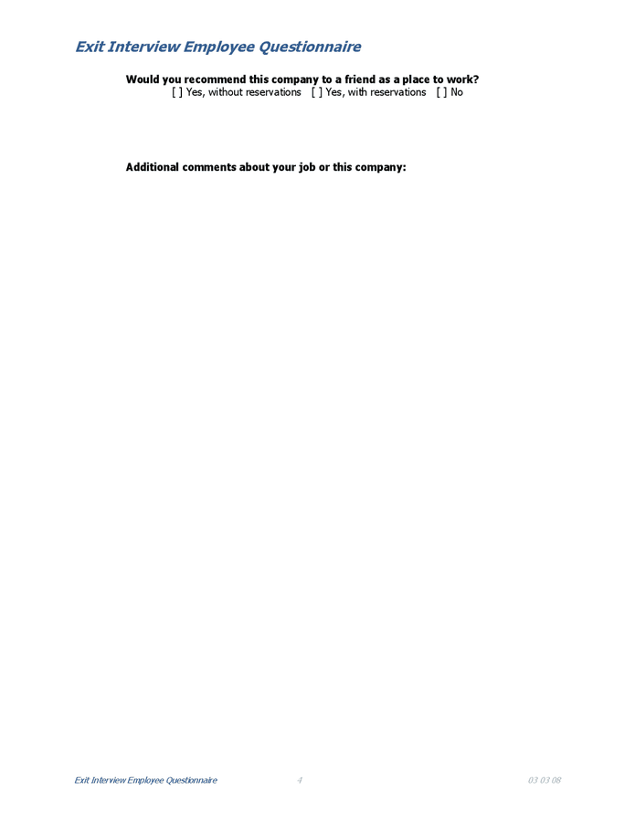Exit interview employee questionnaire in Word and Pdf formats - page 4 of 4