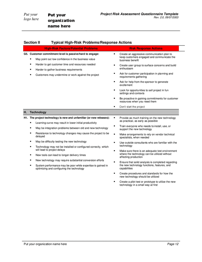 Project risk assessment questionnaire in Word and Pdf formats - page 12 ...