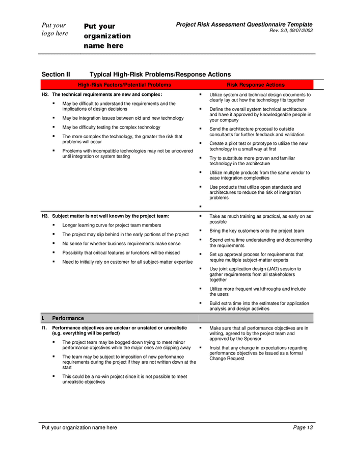 Project risk assessment questionnaire in Word and Pdf formats - page 13 ...