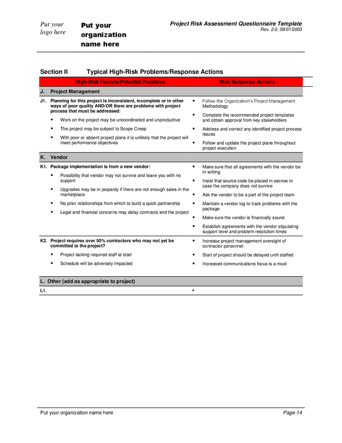 Project risk assessment questionnaire in Word and Pdf formats - page 14 ...