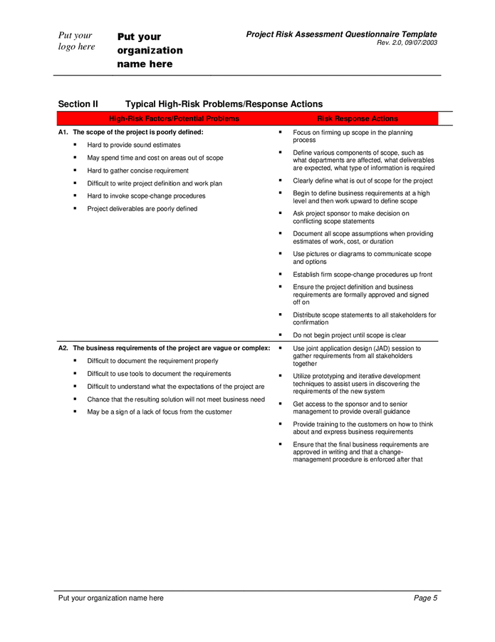 Project risk assessment questionnaire in Word and Pdf formats - page 5 ...