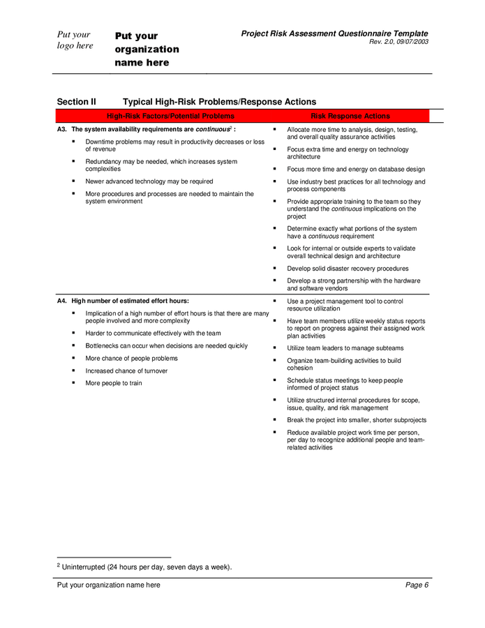 Project risk assessment questionnaire in Word and Pdf formats - page 6 ...