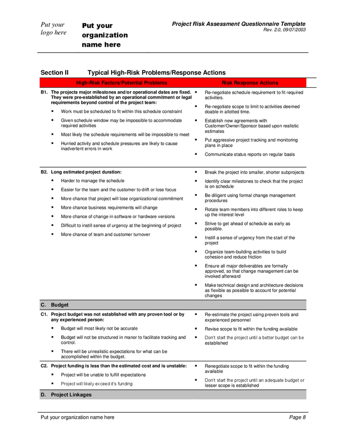Project risk assessment questionnaire in Word and Pdf formats - page 8 ...