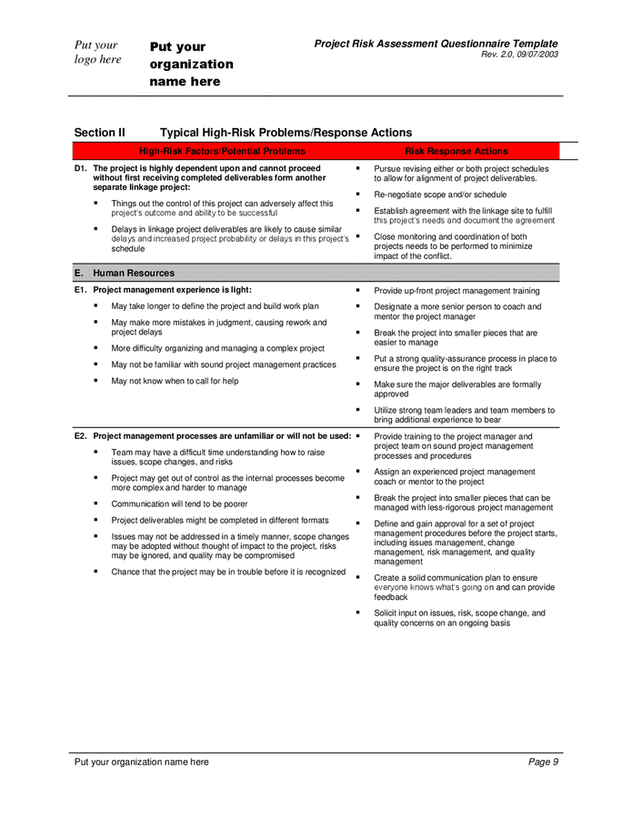 Project risk assessment questionnaire in Word and Pdf formats - page 9 ...