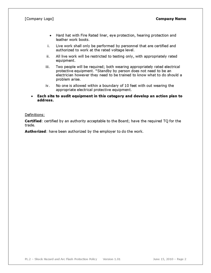 Shock hazard and arc flash protection policy template in Word and Pdf ...