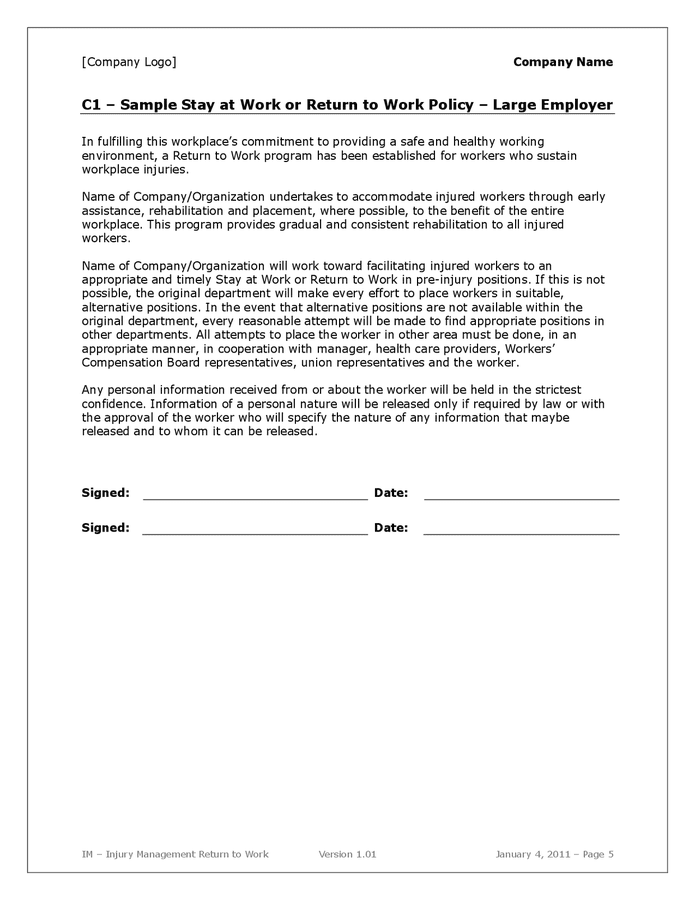 Injury management stay / return to work template in Word and Pdf ...