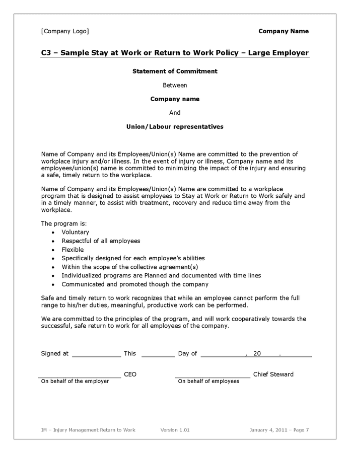 Injury management stay / return to work template in Word and Pdf ...