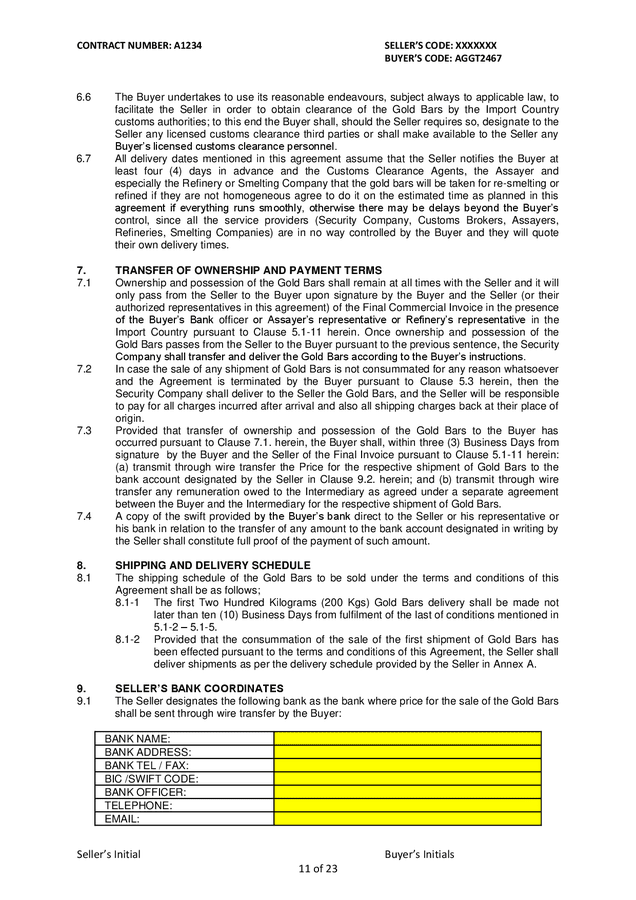 Sale and purchase agreement template of non-refined gold bars in Word ...