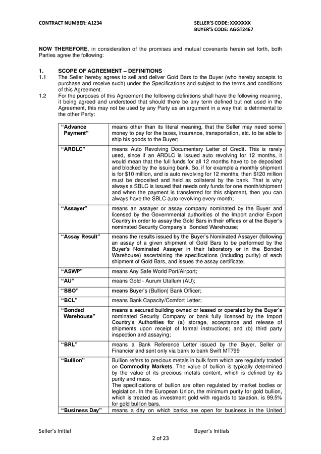 Sale and purchase agreement template of non-refined gold bars in Word ...