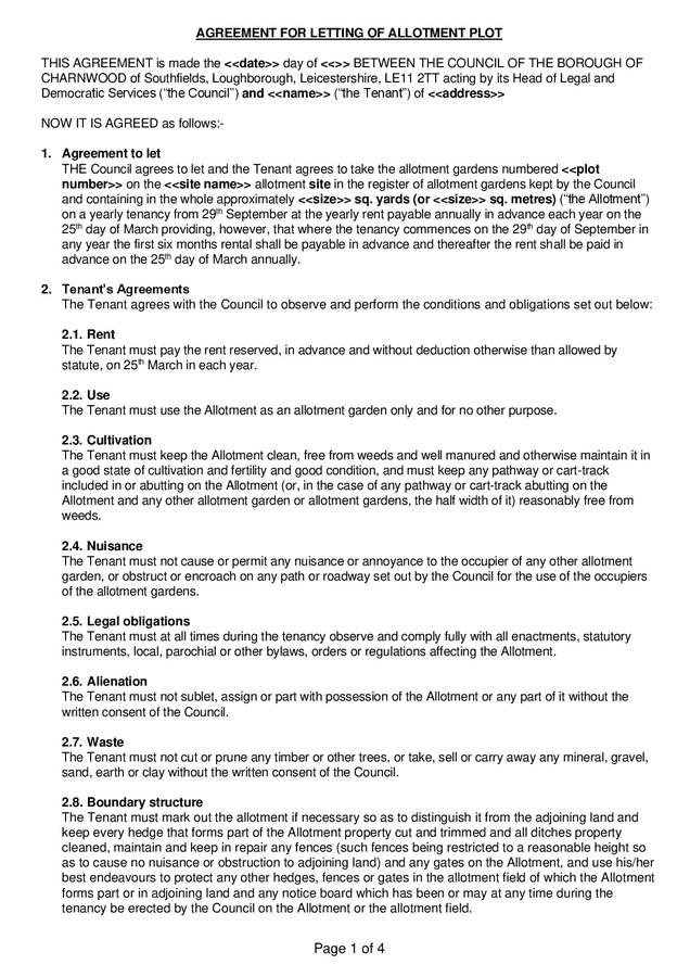 Sample agreement for letting of allotment plot (UK) in Word and Pdf formats
