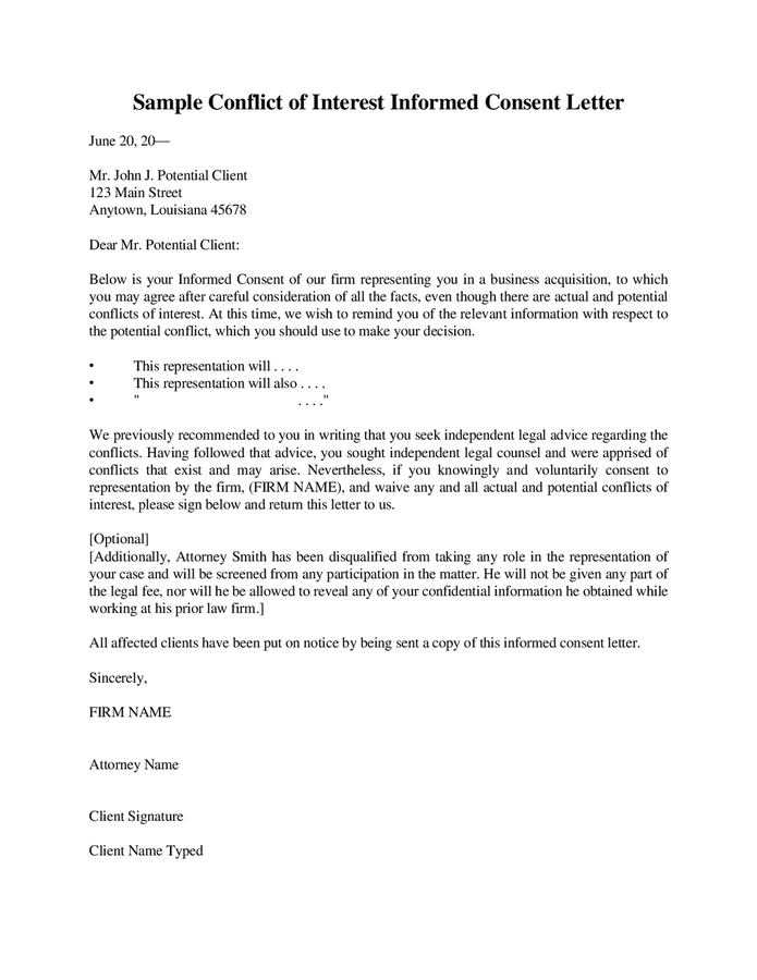 Sample conflict of interest informed consent letter in Word and Pdf formats