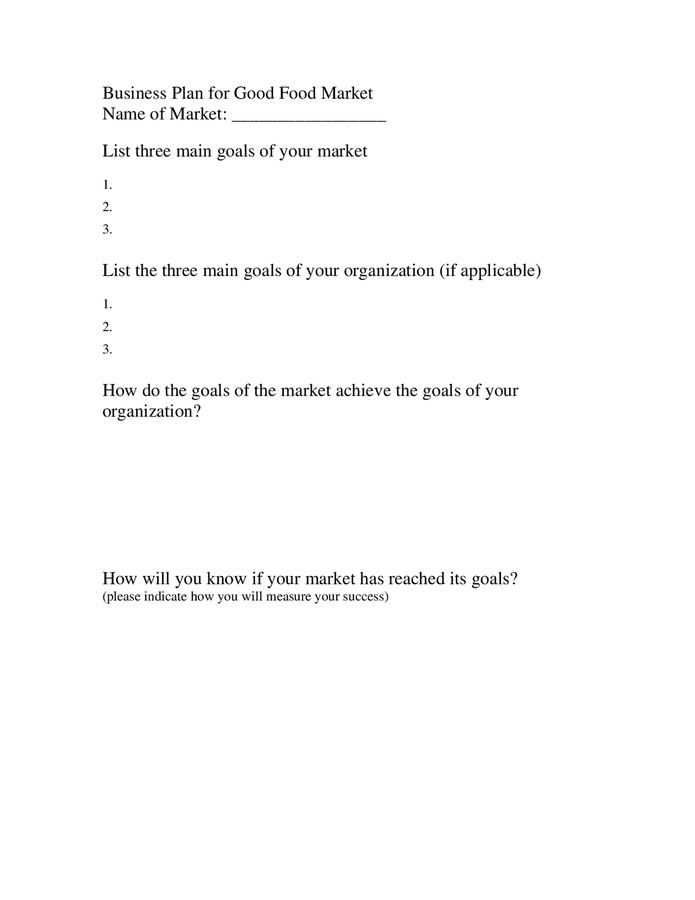 Simple business plan template for good food market in Word and Pdf formats