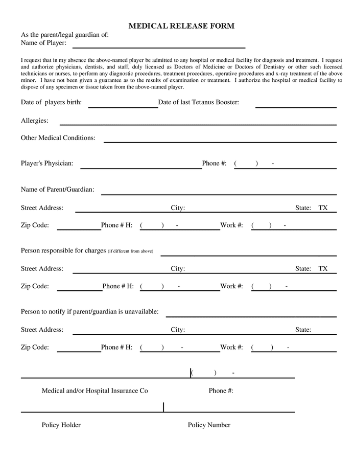 Soccer medical release form in Word and Pdf formats