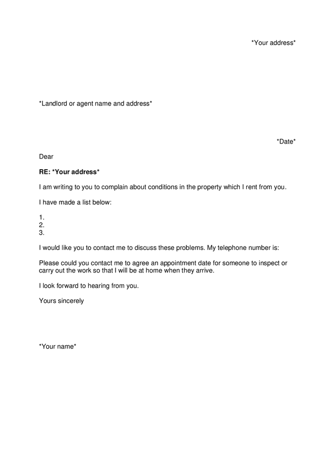 Example complaint letter to a landlord in Word and Pdf formats