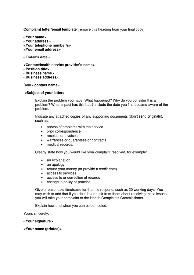 Health complaint letter template (Australia) in Word and Pdf formats