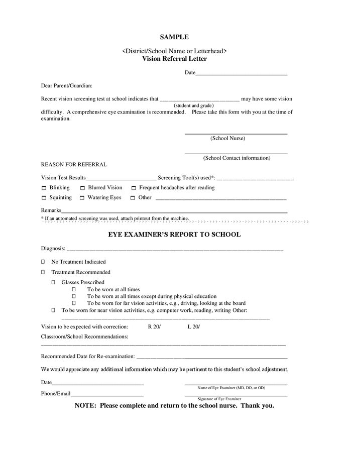 Vision referral letter - school in Word and Pdf formats