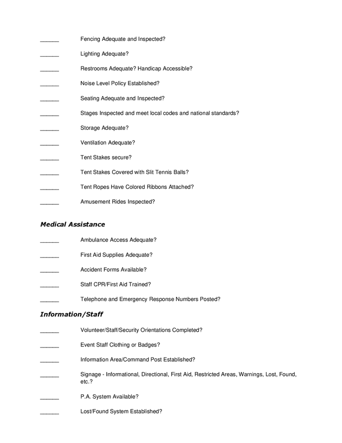 Special events safety checklist in Word and Pdf formats - page 2 of 4