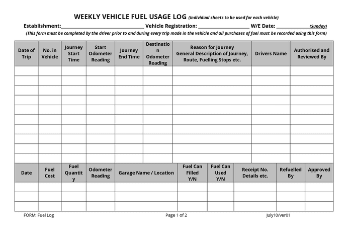 Weekly vehicle fuel usage log in Word and Pdf formats