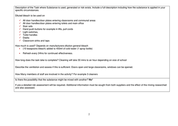 COSHH risk assessment in Word and Pdf formats - page 2 of 5