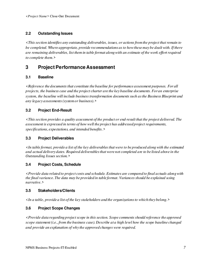 Project close-out document template in Word and Pdf formats - page 7 of 12