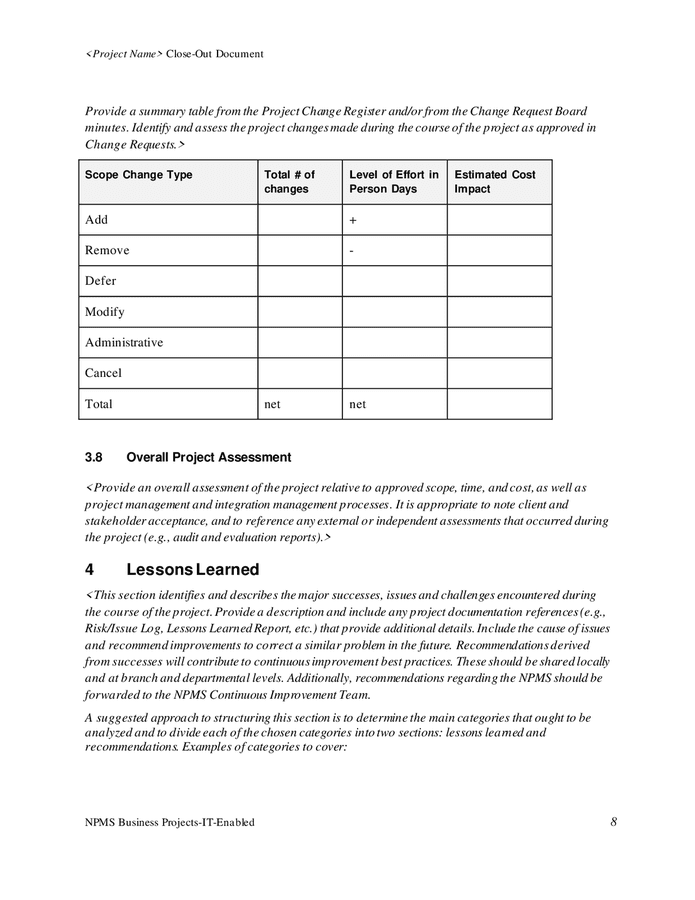 Project close-out document template in Word and Pdf formats - page 8 of 12