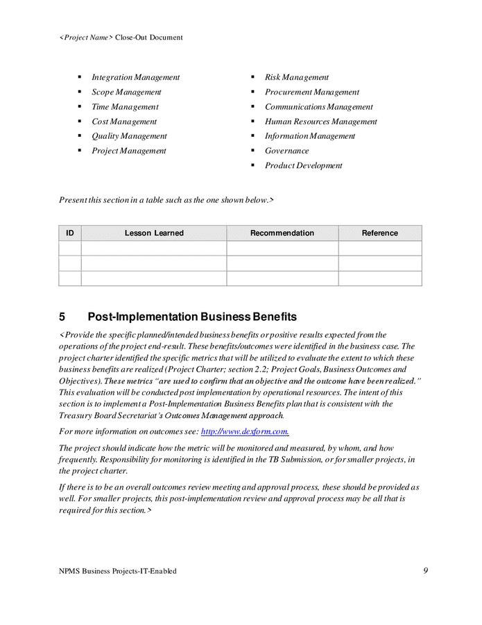 Project close-out document template in Word and Pdf formats - page 9 of 12
