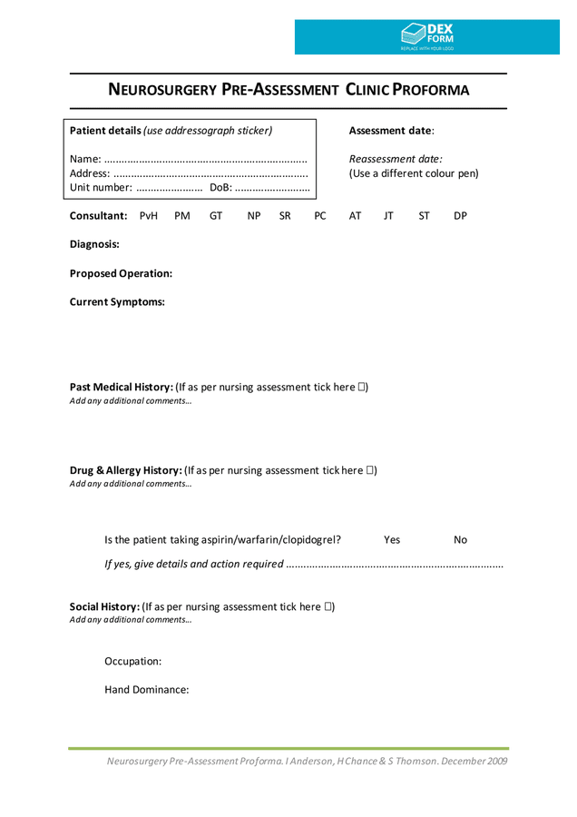 Neurosurgery pre-assessment clinic proforma in Word and Pdf formats