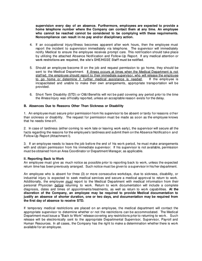 Absence and return policy (health nurse) in Word and Pdf formats - page ...