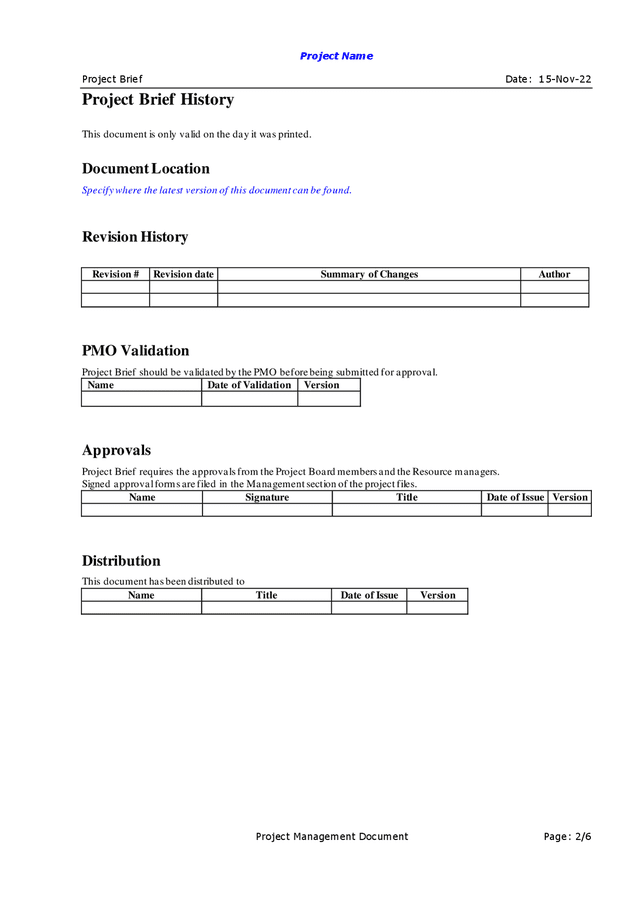 Project brief template in Word and Pdf formats - page 2 of 6