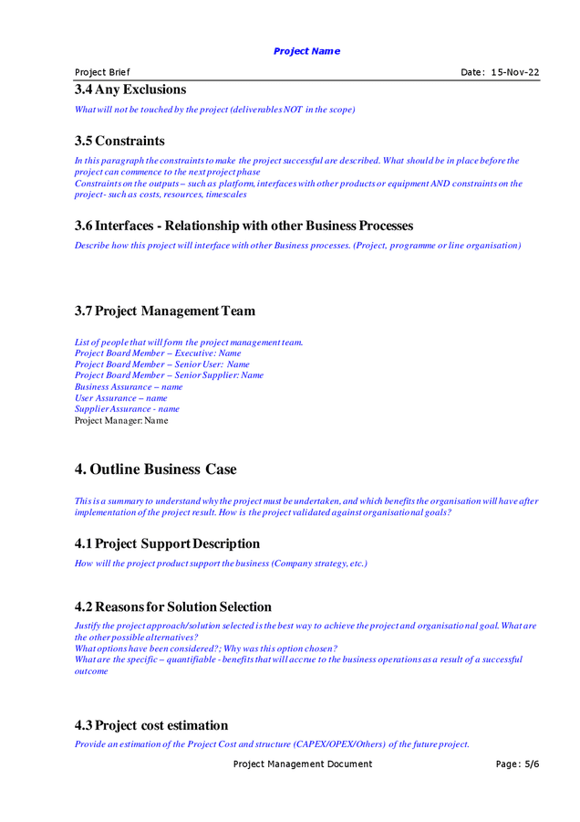 Project brief template in Word and Pdf formats - page 5 of 6