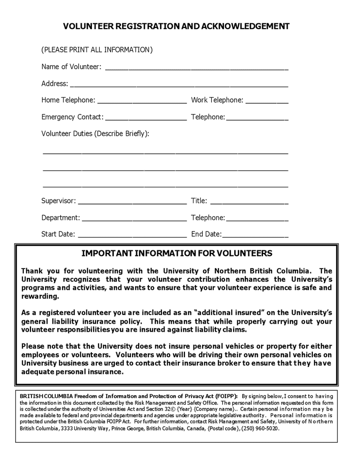 Volunteer registration and acknowledgement form (UK) in Word and Pdf ...