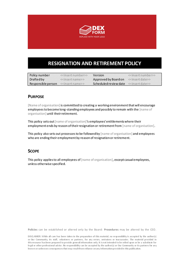 Resignation and retirement policy in Word and Pdf formats