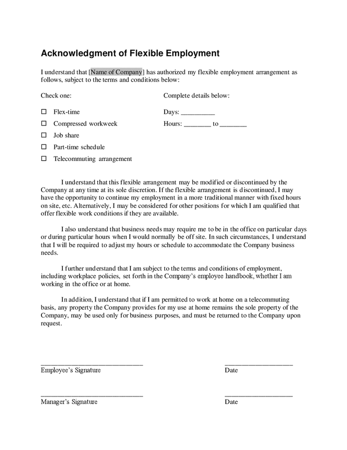 Acknowledgment of flexible employment letter in Word and Pdf formats