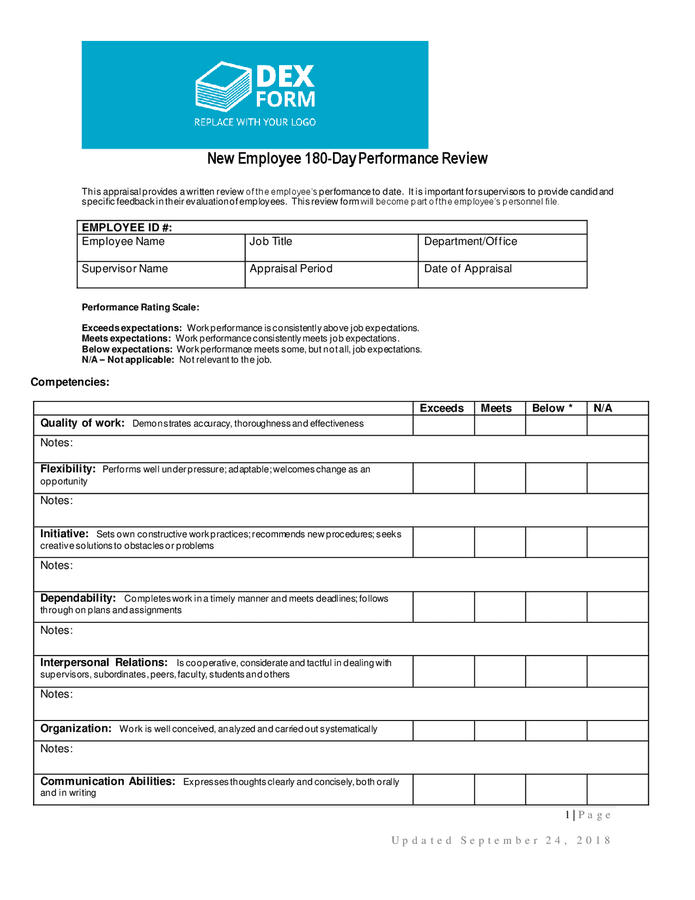 Employee 180-day performance review in Word and Pdf formats