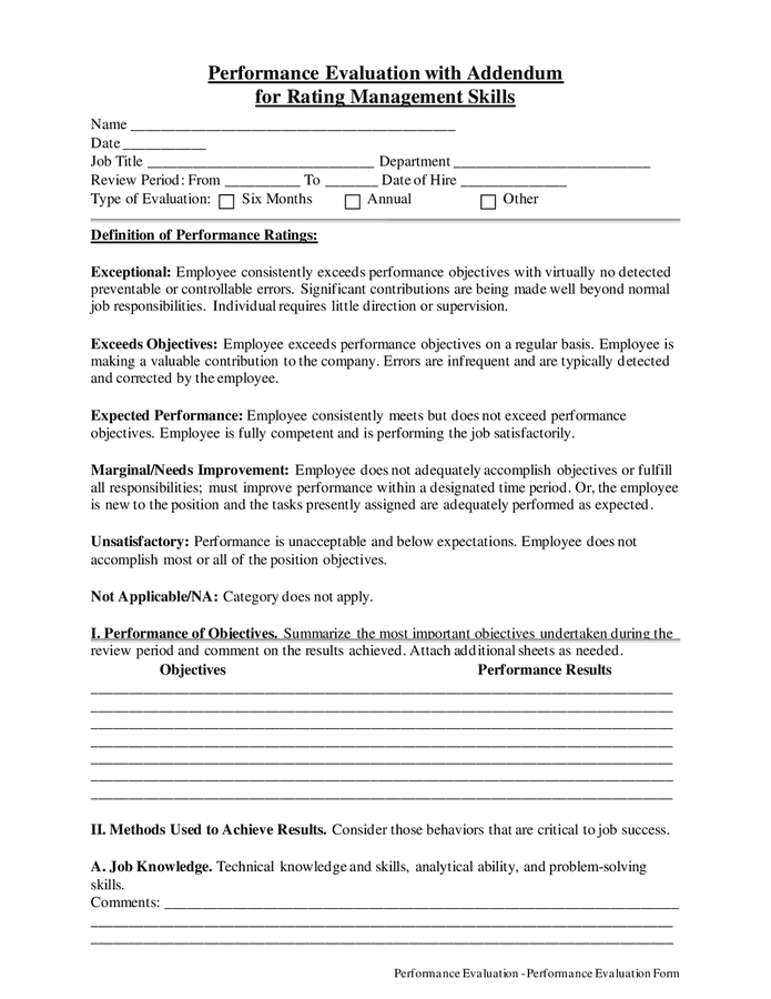 Performance evaluation with addendum for rating management skills in ...