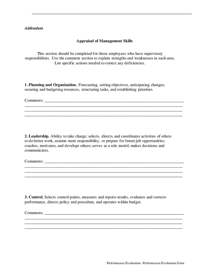 Performance evaluation with addendum for rating management skills in ...