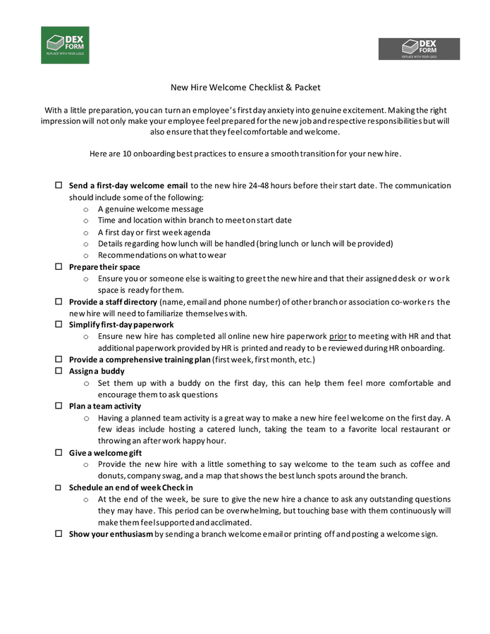 New hire welcome checklist in Word and Pdf formats