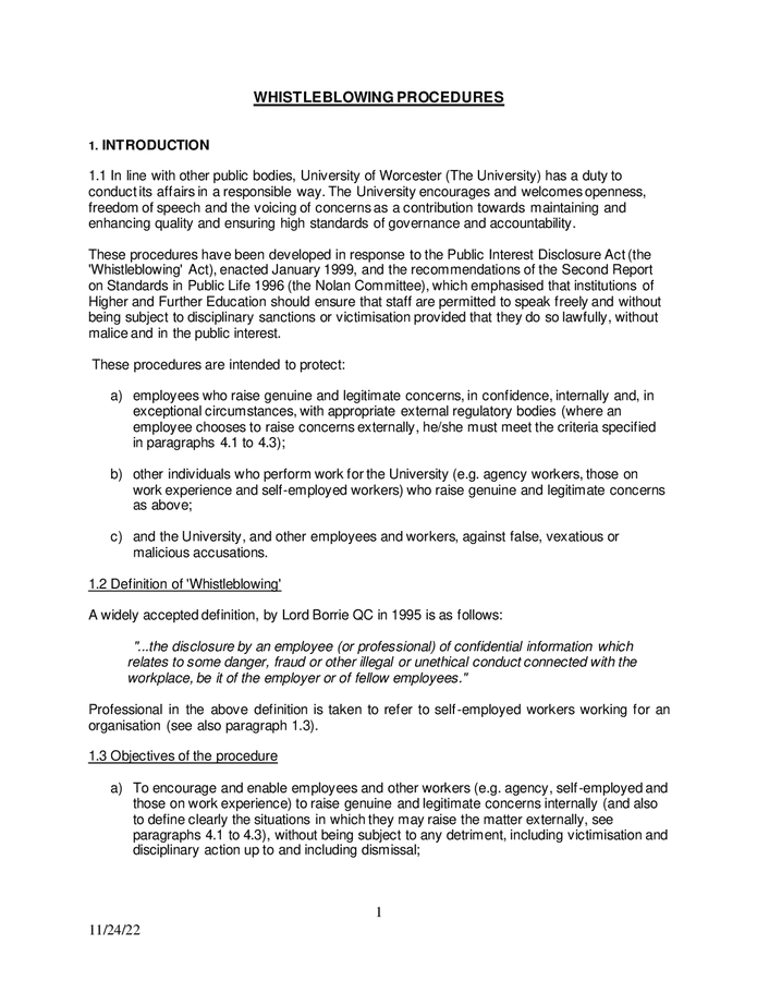 Whistleblowing procedures sample in Word and Pdf formats