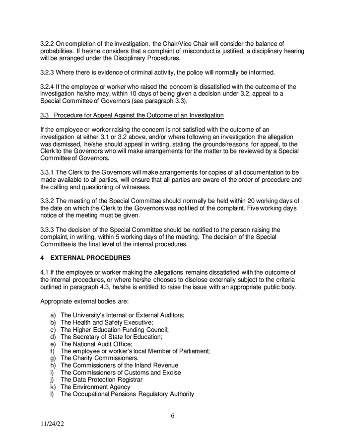 Whistleblowing procedures sample in Word and Pdf formats - page 6 of 7