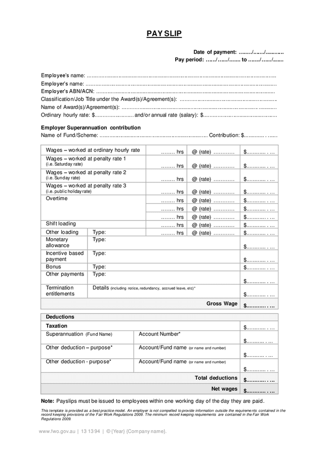 Pay slip (Australia) in Word and Pdf formats