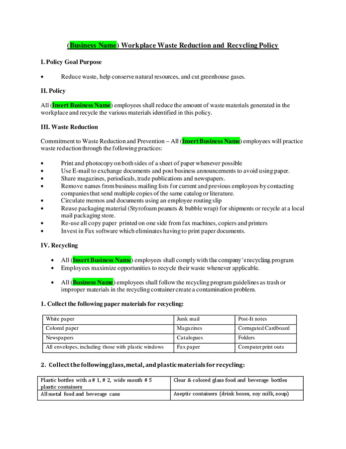 Workplace waste reduction and recycling policy in Word and Pdf formats