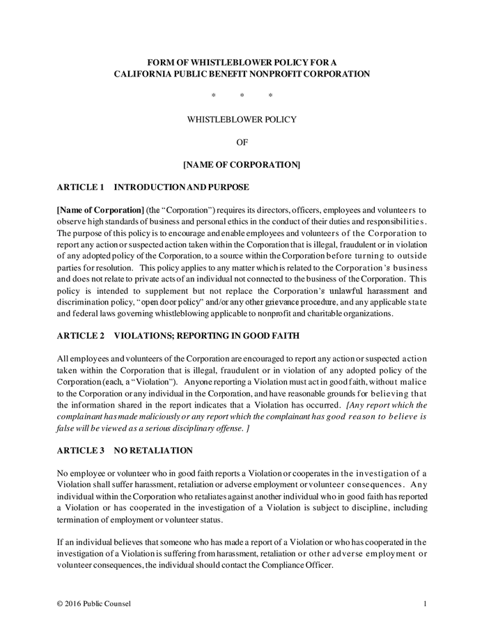 Whistleblower policy in Word and Pdf formats