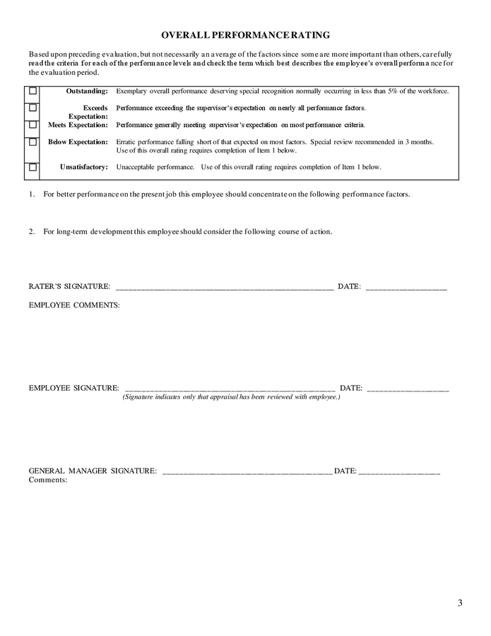 Performance appraisal form in Word and Pdf formats - page 3 of 3