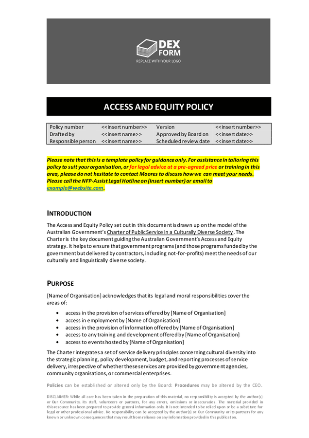 Access and equity policy (Australia) in Word and Pdf formats