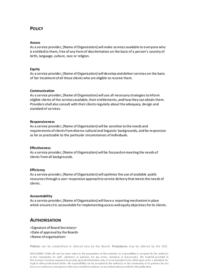 Access and equity policy (Australia) in Word and Pdf formats - page 2 of 5